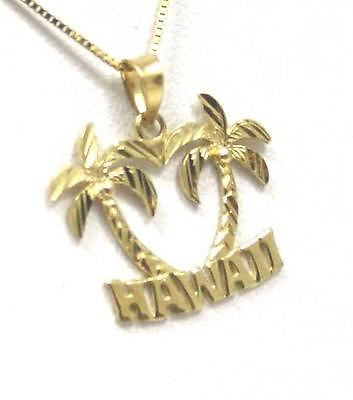 SOLID 14K YELLOW GOLD SMOOTH DIAMOND CUT PALM TREE "HAWAII" PENDANT ...