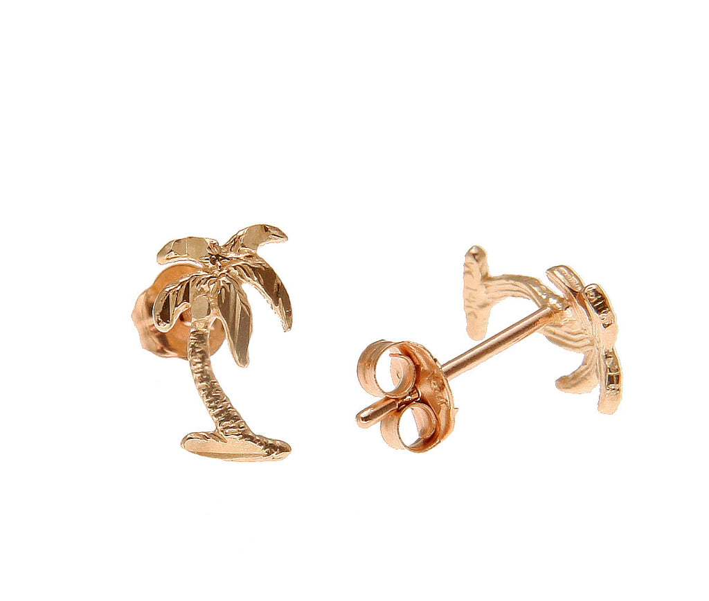 SOLID 14K ROSE GOLD SMALL HAWAIIAN DIAMOND CUT PALM TREE STUD POST EAR ...
