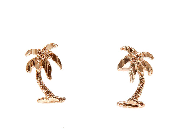 SOLID 14K ROSE GOLD SMALL HAWAIIAN DIAMOND CUT PALM TREE STUD POST EAR ...