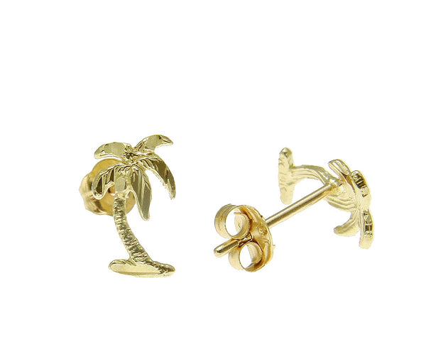 SOLID 14K YELLOW GOLD SMALL DIAMOND CUT HAWAIIAN PALM TREE STUD POST E ...