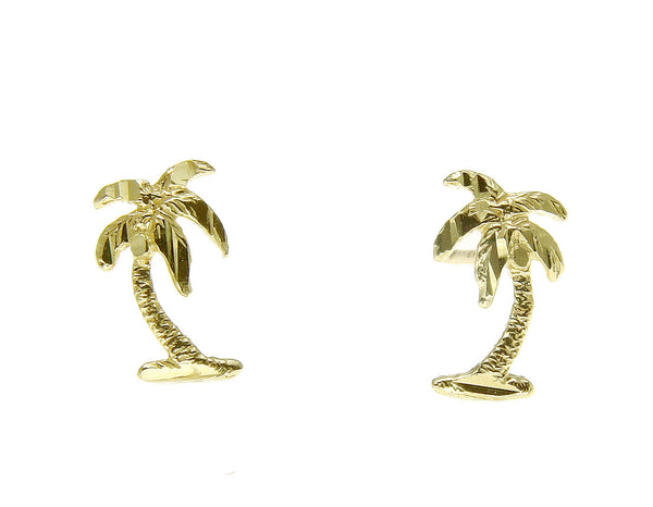 SOLID 14K YELLOW GOLD SMALL DIAMOND CUT HAWAIIAN PALM TREE STUD POST E ...